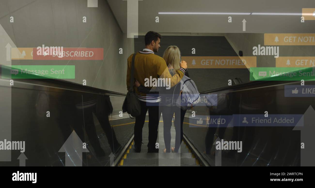 Image of social media icons floating over caucasian couple embracing on ...