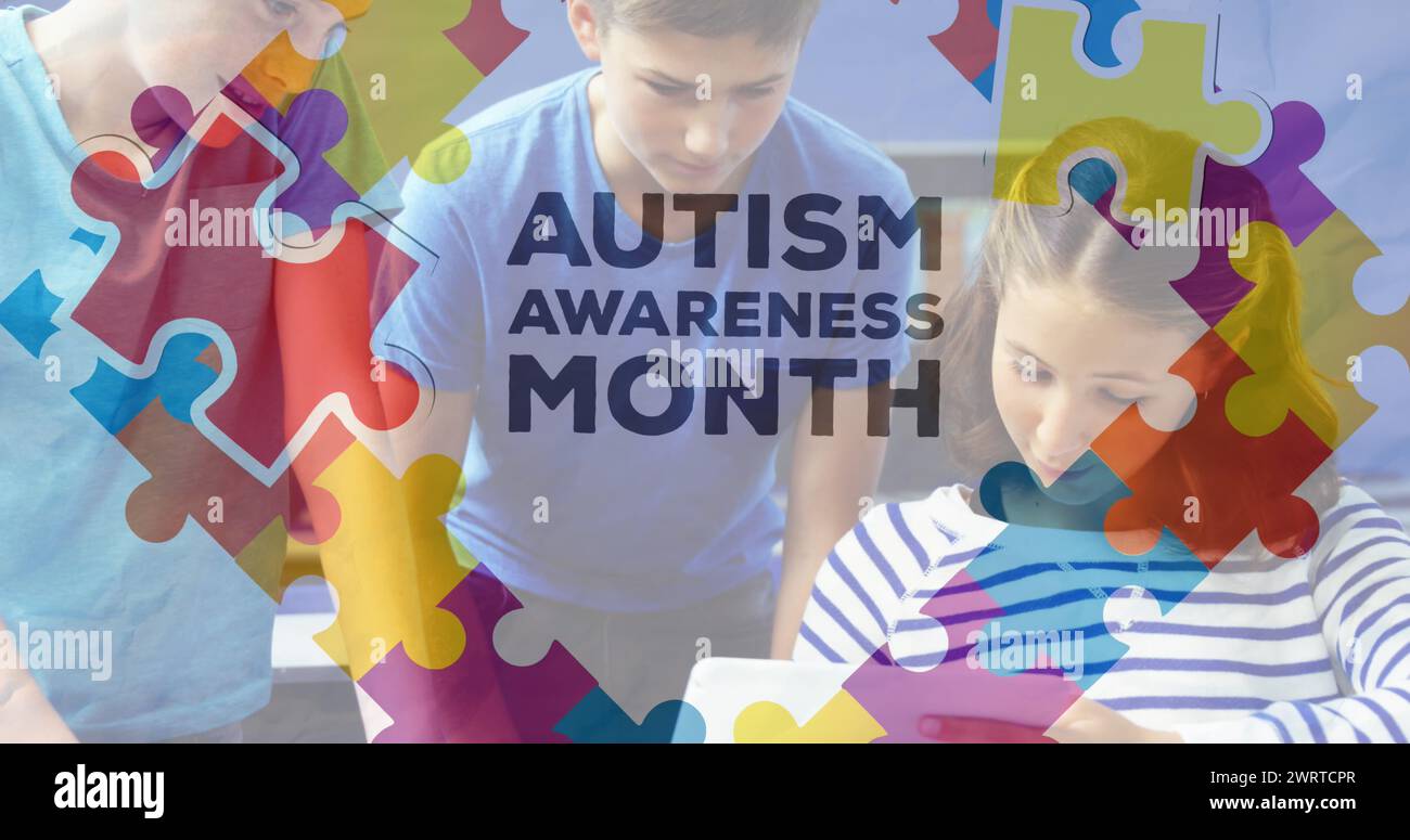 Image of autism awareness month text over diverse schoolchildren using ...