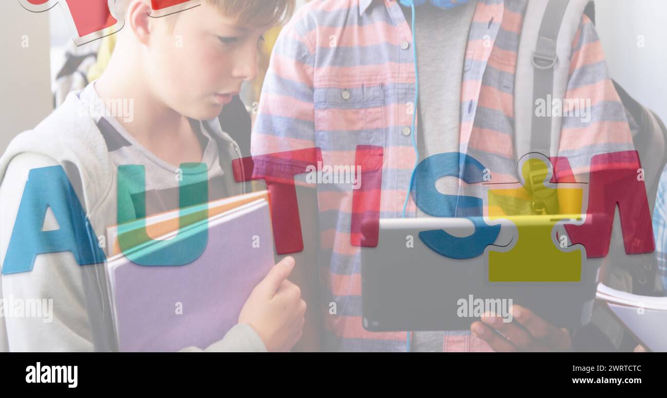 Image of autism text over diverse schoolchildren using tablet Stock ...