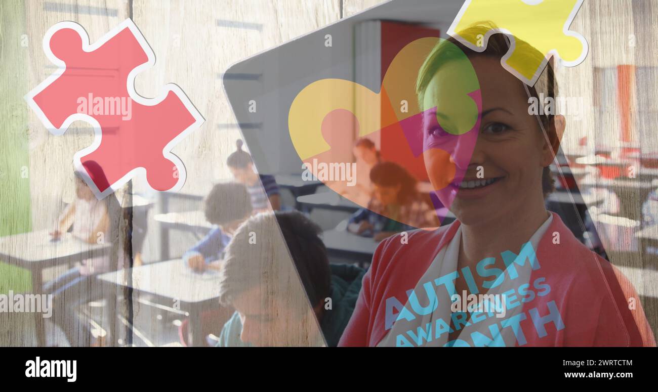 Image of autism awareness month text over diverse schoolchildren and ...