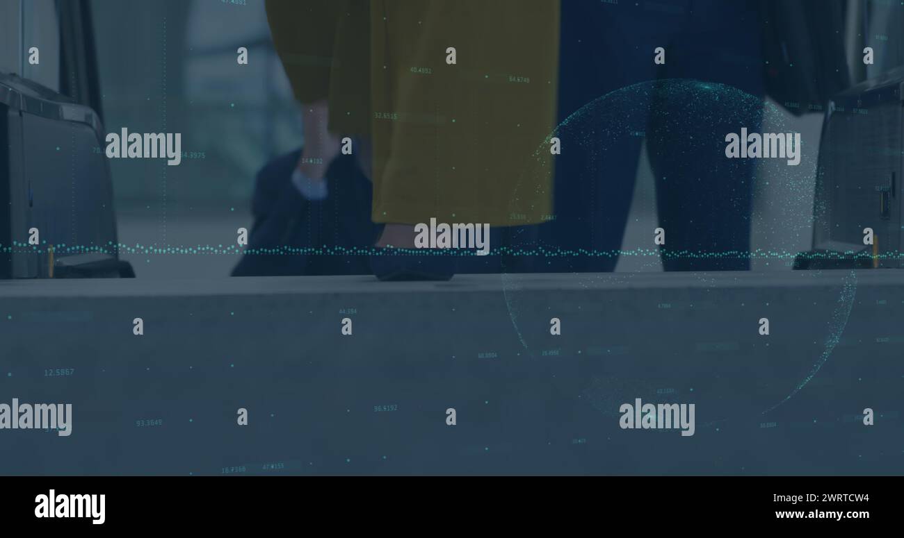 Image of financial data and graphs over legs of diverse businesspeople ...