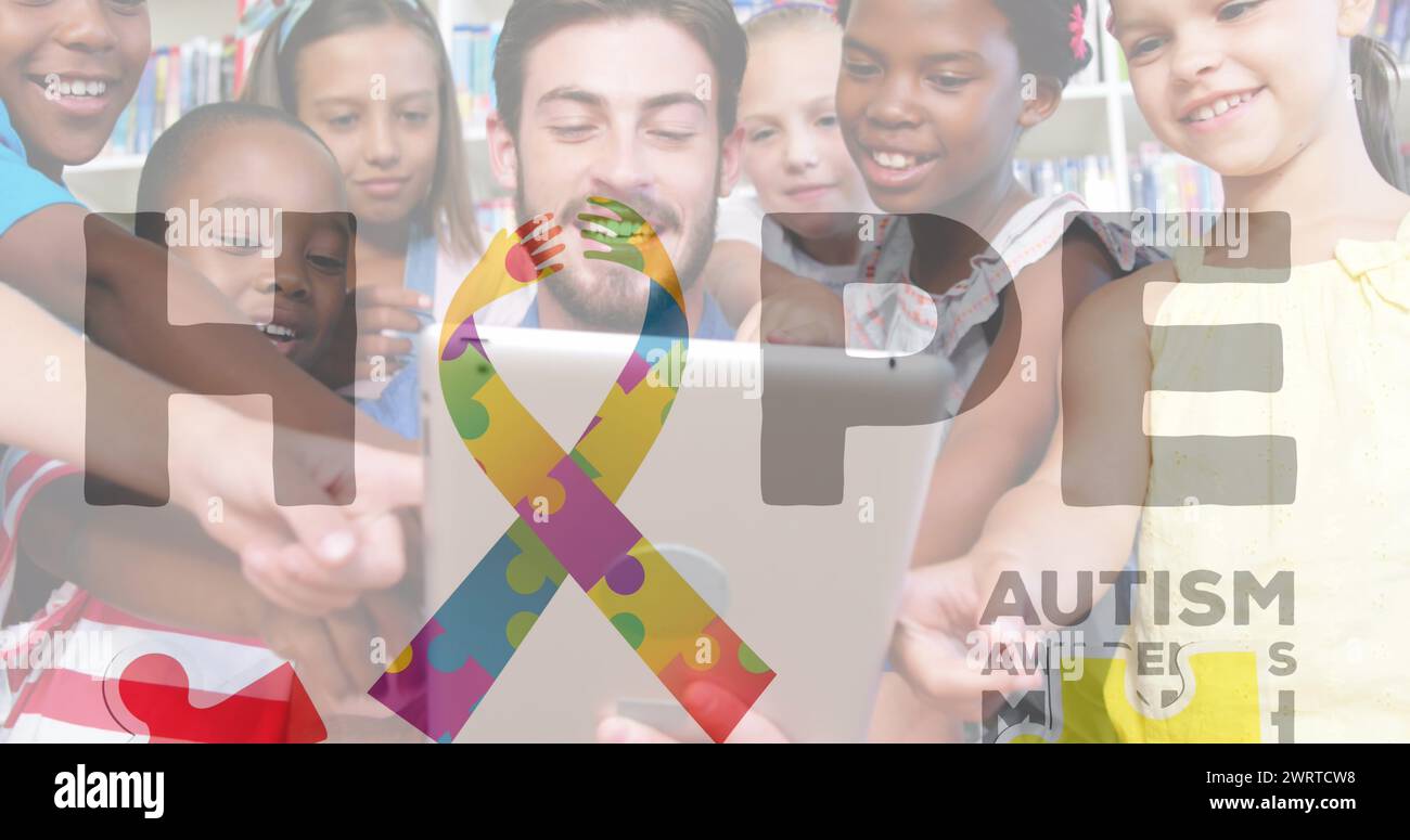 Image of autism awareness month text over diverse schoolchildren and ...