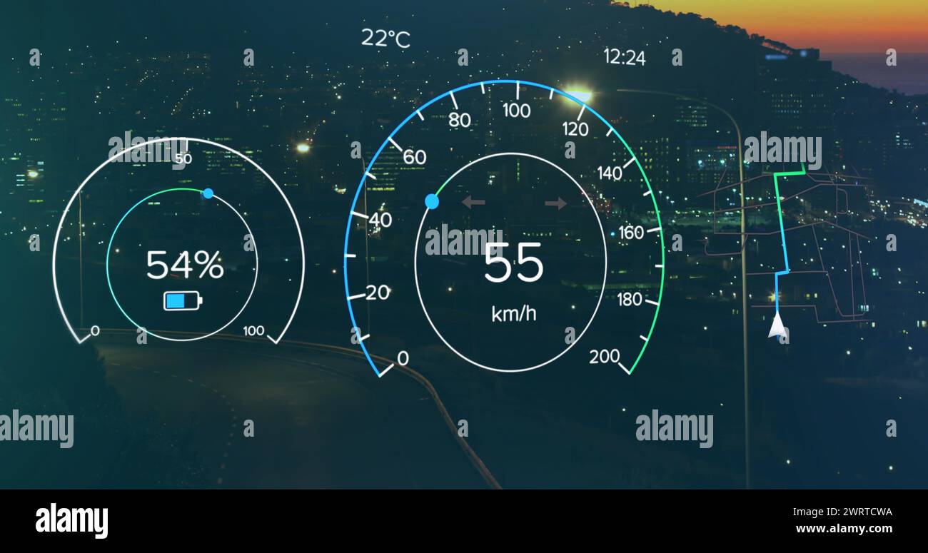 Image of changing numbers in speedometers time-lapse of moving vehicles and silhouette of city ...