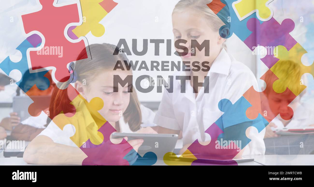 Image of autism awareness month text over diverse schoolchildren using ...