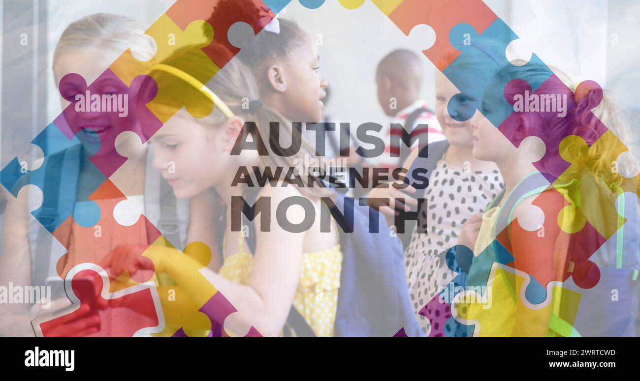Image of autism awareness month text over diverse schoolchildren using ...