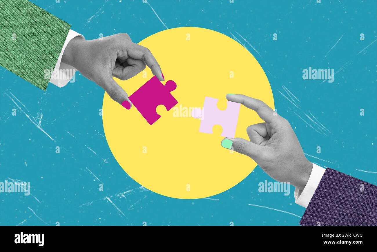 Art collage, teamwork, puzzle hands. The concept of teamwork and ...