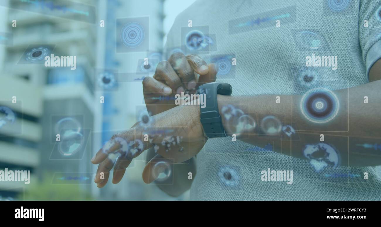 Image of scope scanning over african american man using smartwatch ...