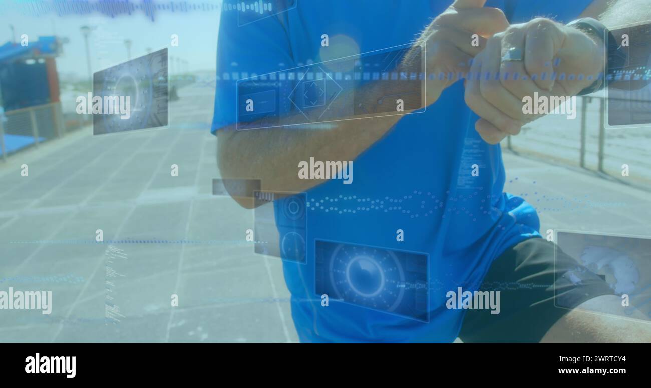 Image of data processing over caucasian sportsman checking smartwatch ...