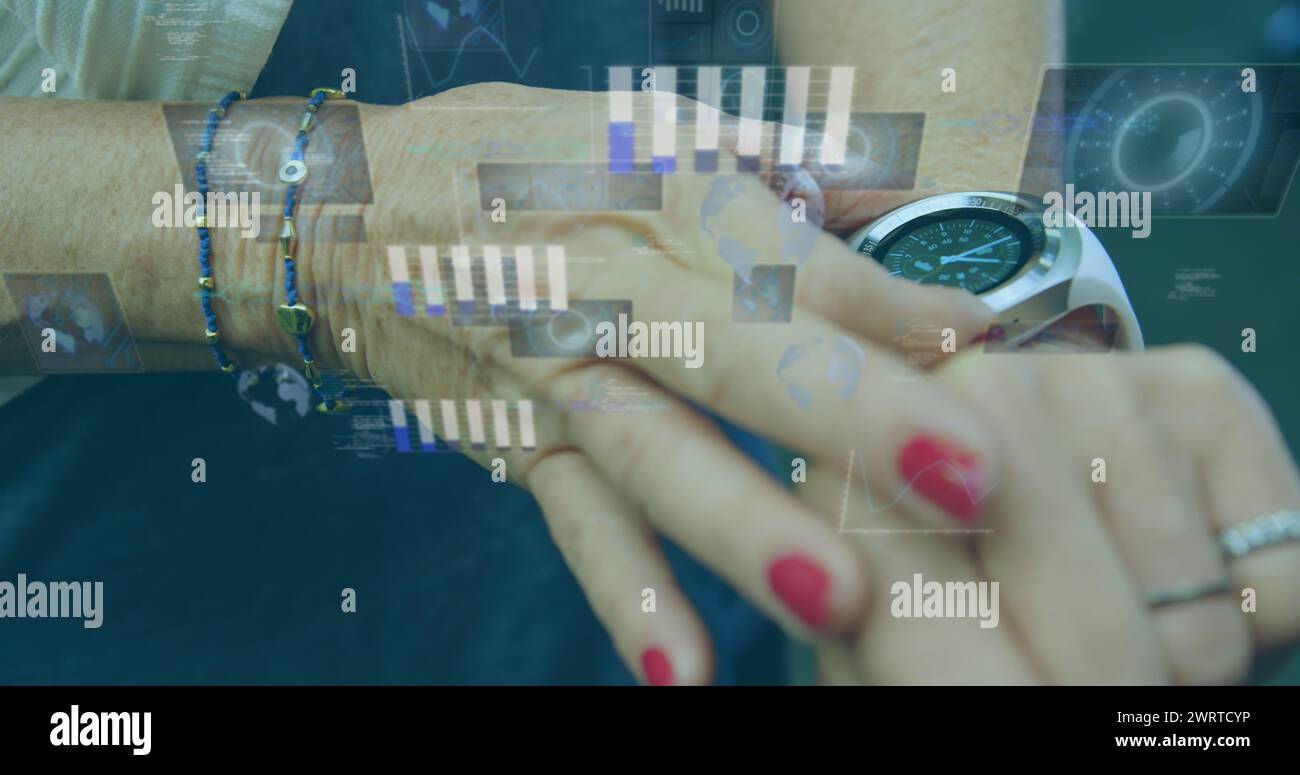 Image of data processing on digital screen over hands of caucasian woman using smartwatch Stock ...