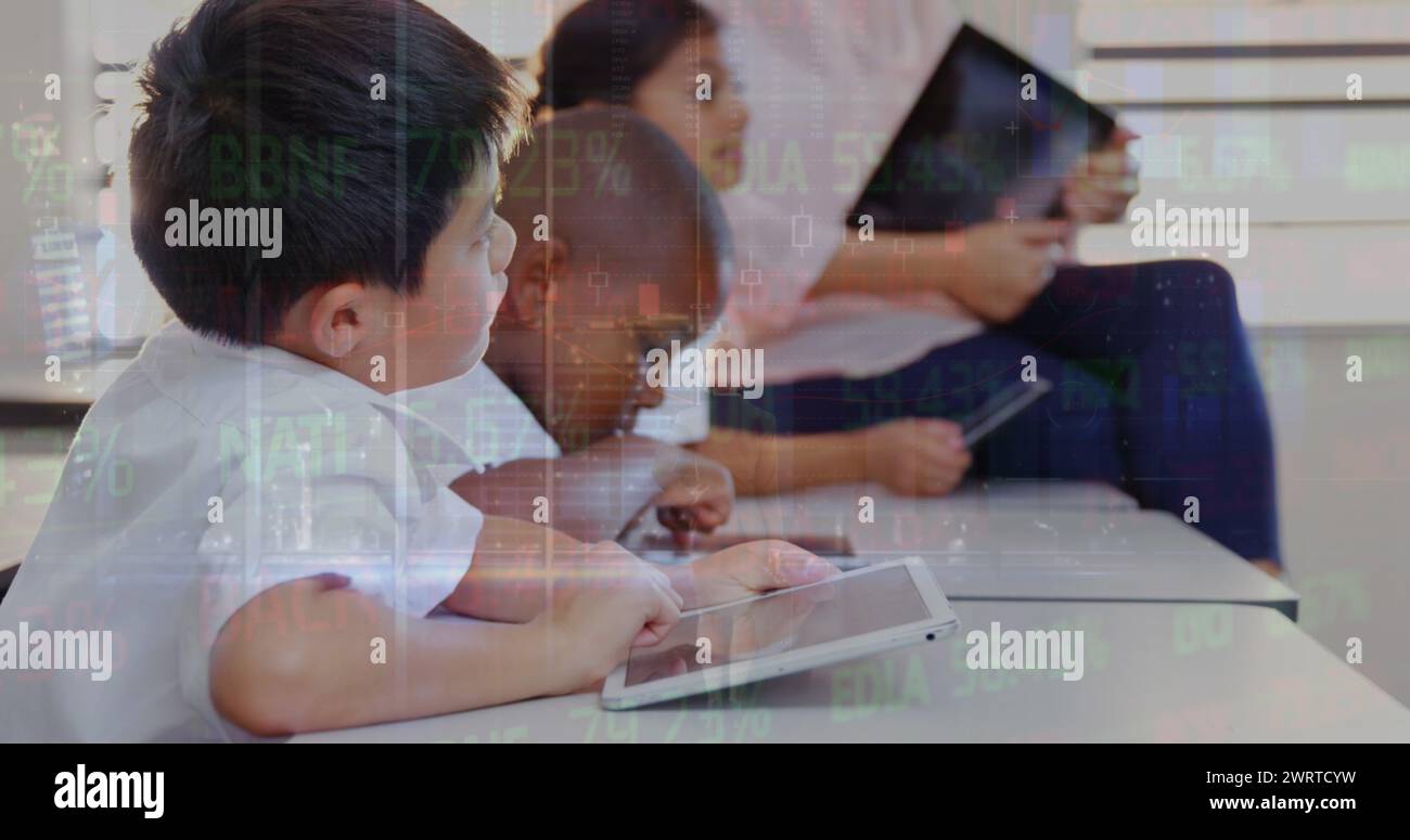 Image of graphs and financial data over diverse pupils using tablets in ...