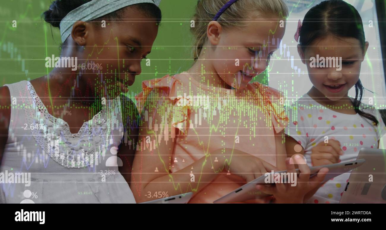 Image of graphs and financial data over diverse girls using tablet in ...