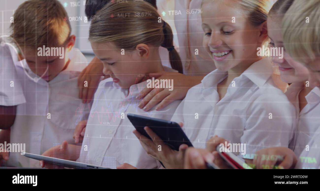 Image of data processing over diverse schoolchildren and teacher using ...