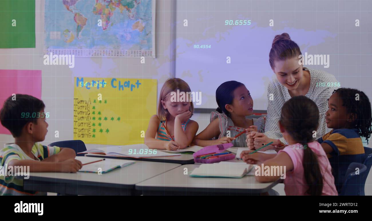 Image of data processing over diverse schoolchildren and teacher in ...