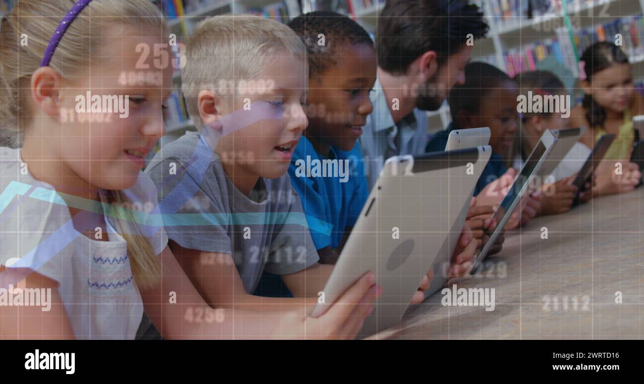 Image of data processing over diverse schoolchildren and teacher using ...