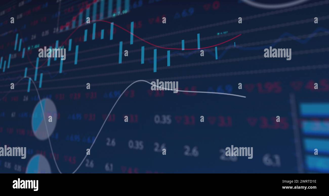 Image of data processing over moving columns on black background Stock ...