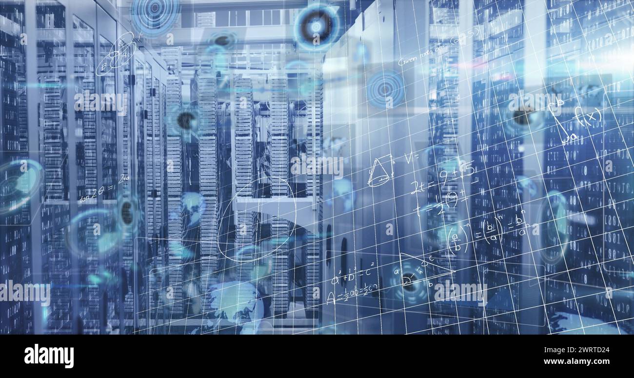 Image of mathematical equations and multiple round scanners against computer server room Stock ...