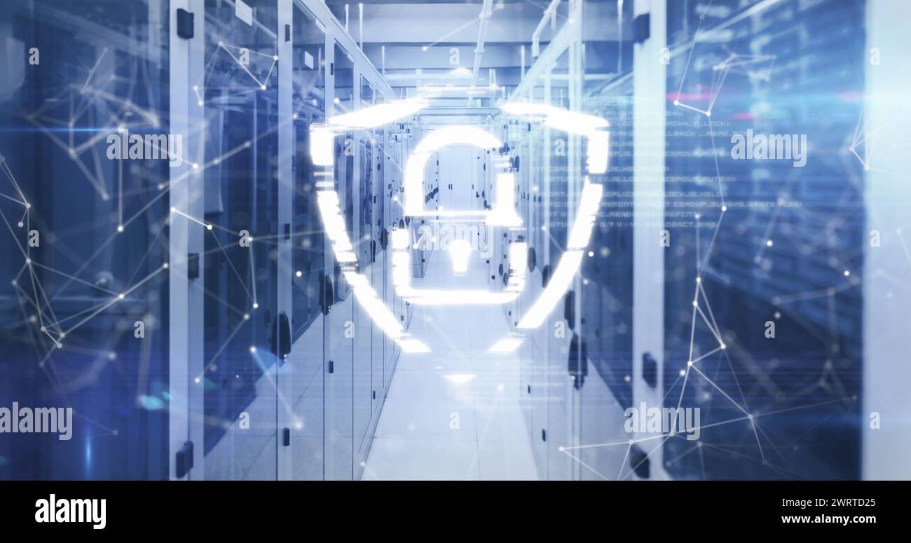 Image of security padlock, network of connections and data processing over server room Stock ...