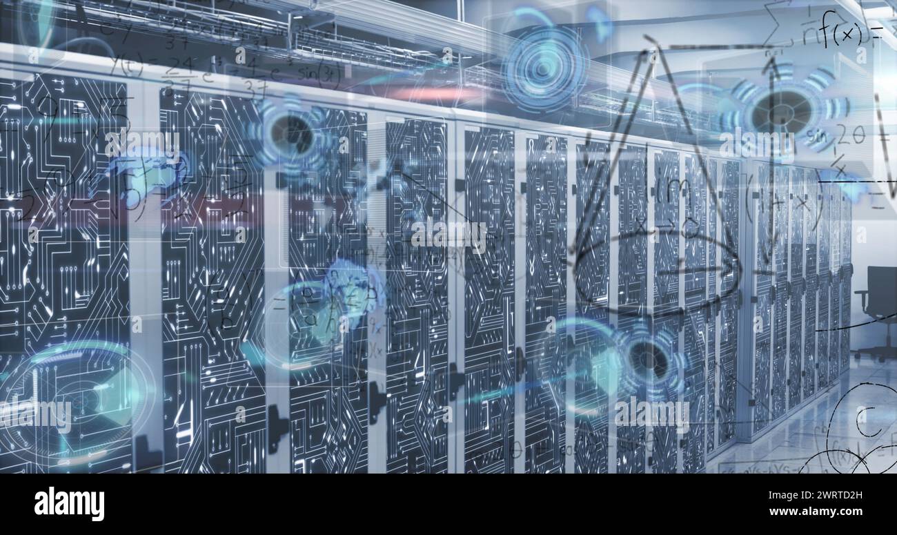 Image of mathematical equations and multiple round scanners against computer server room Stock ...