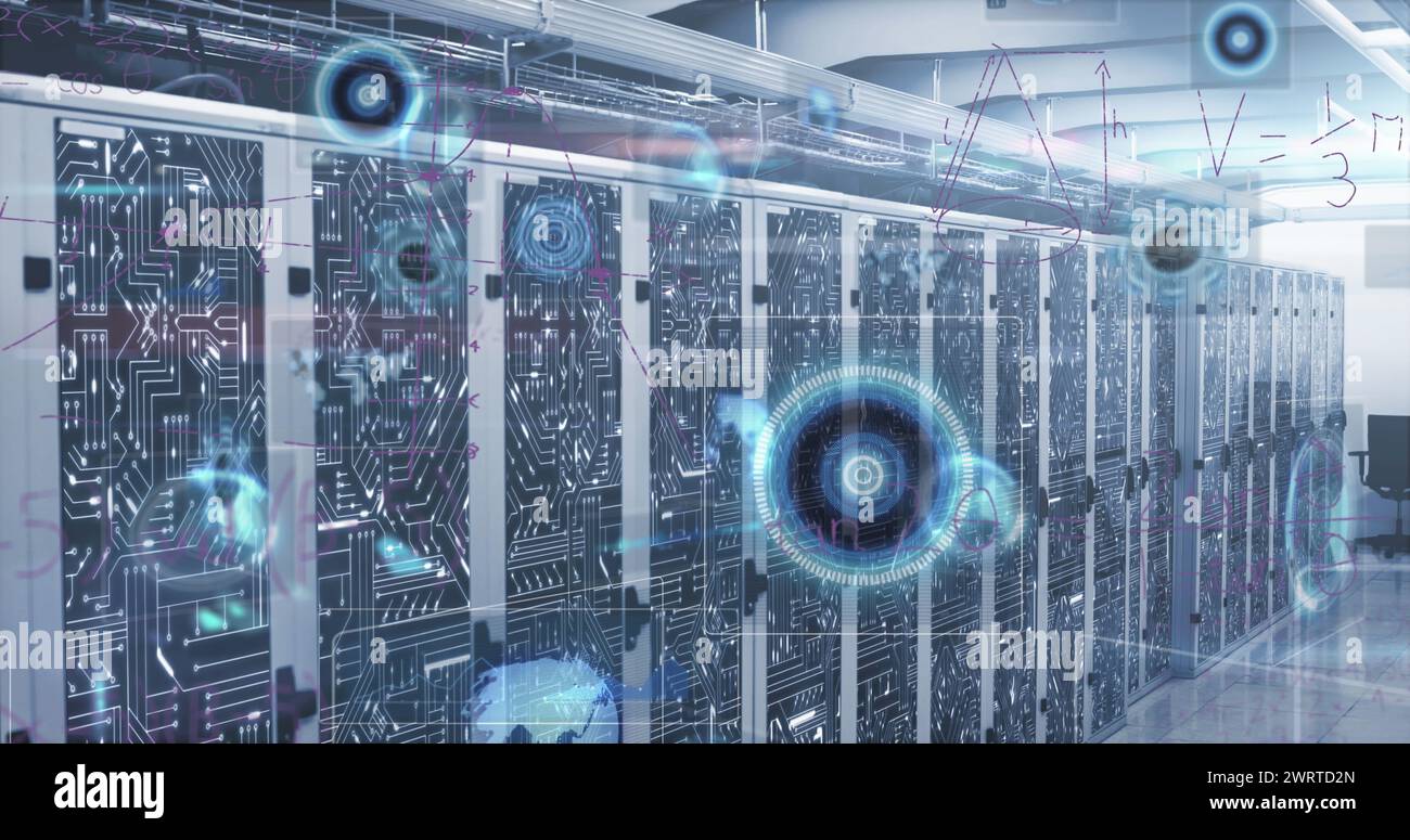 Image of mathematical equations over round scanners and data processing against server room ...