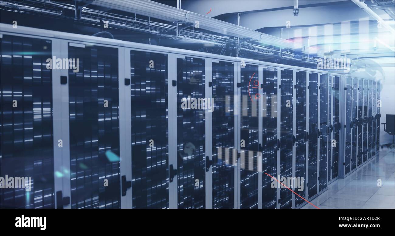 Image of mathematical equations and data processing against empty computer server room Stock ...