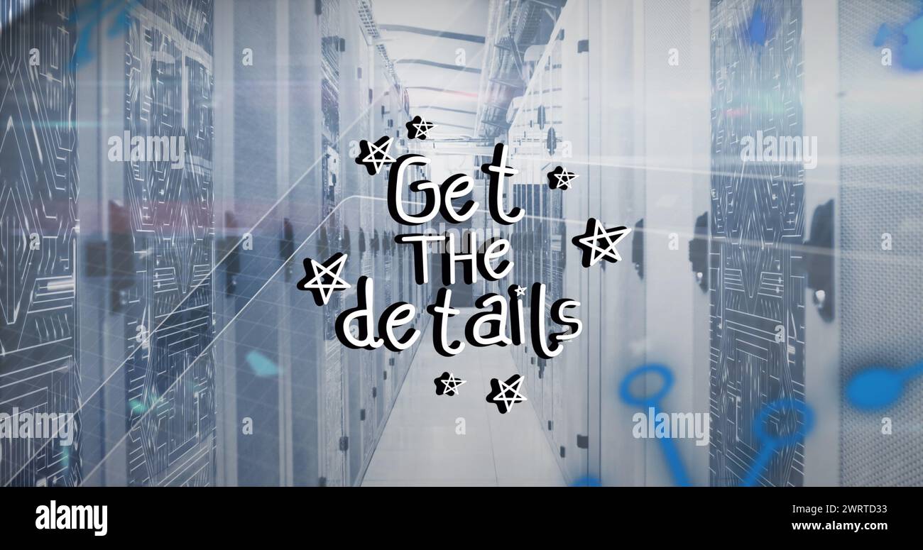 Image of get the details text banner and data processing against computer server room Stock ...