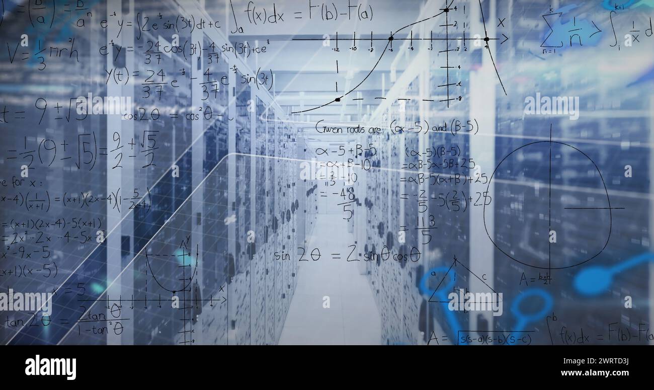 Image of mathematical equations and data processing against computer ...