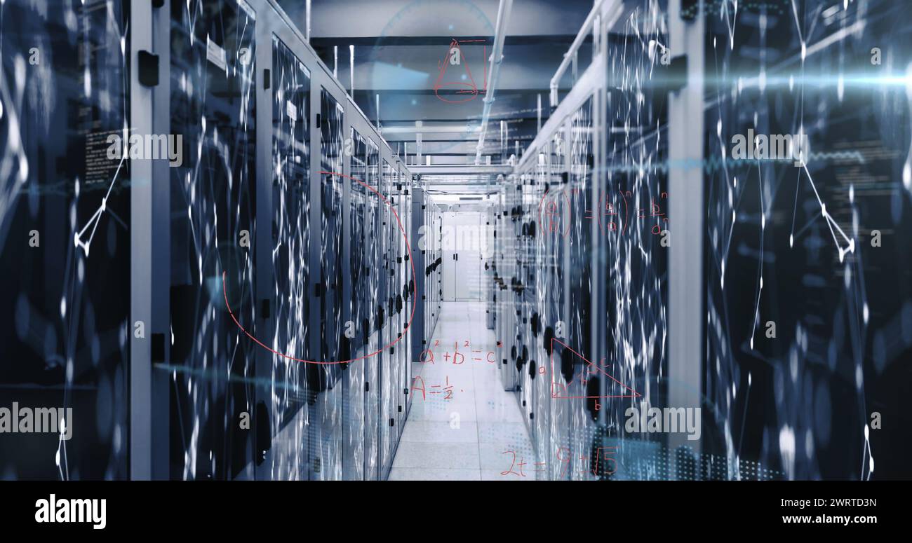 Image of mathematical equations against network of connections over server room Stock Photo - Alamy