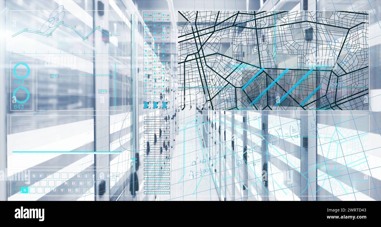 Image Of Interface With Data Processing And Mathematical Equations Against Server Room Stock