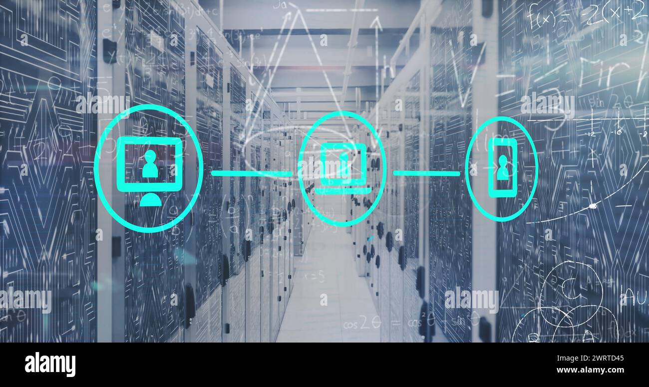 Image of network of digital icons and mathematical equations against ...