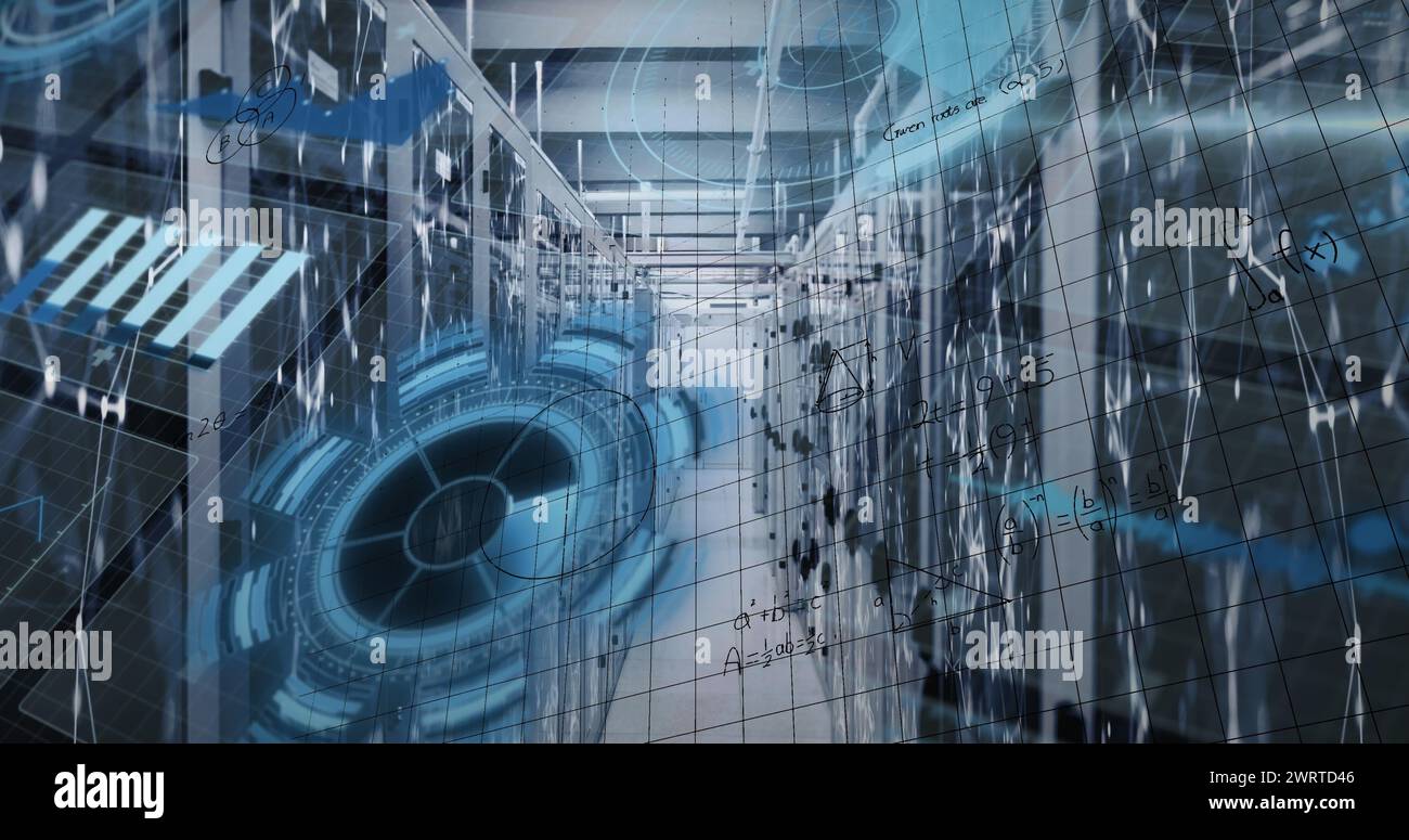 Image Of Mathematical Equations Over Interface With Data Processing Against Server Room Stock