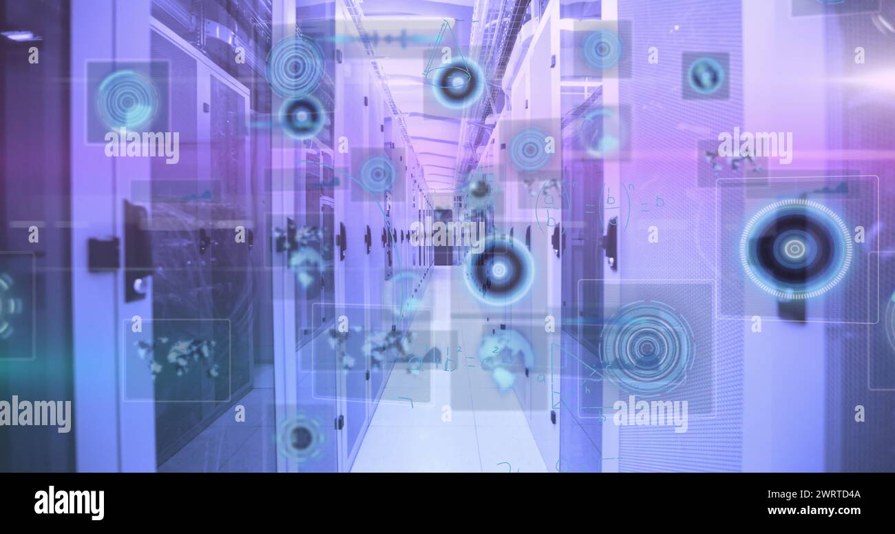 Image of mathematical equations over round scanners and data processing against server room ...
