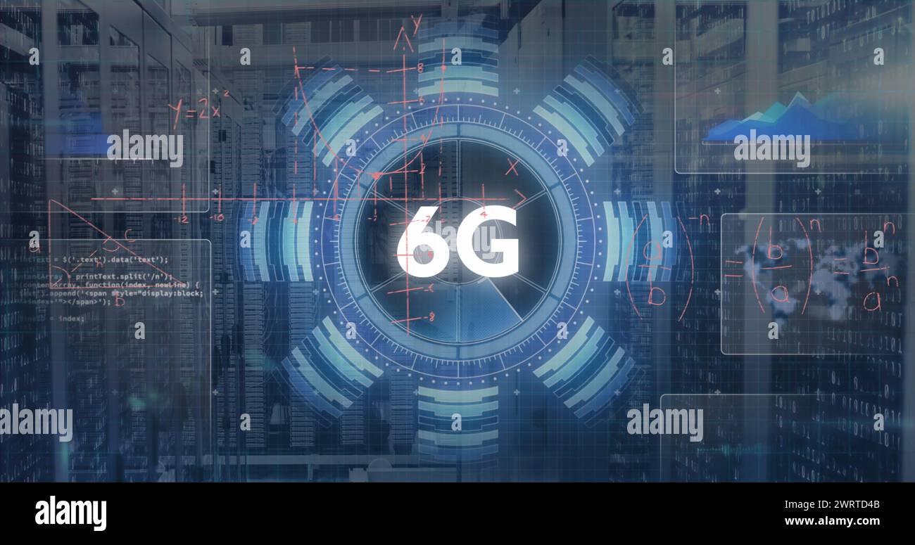 Image of 6g text over round scanner and mathematical equations against computer server room ...