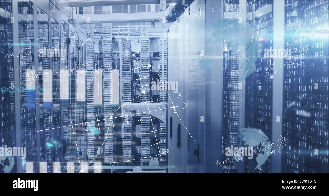 Image of mathematical equations and data processing against computer ...