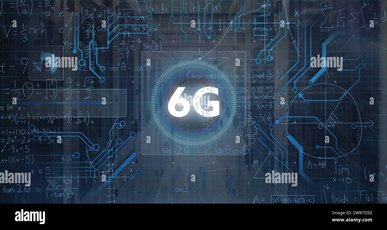 Image Of 6g Text And Microprocessor Connections Over Mathematical Equations Against Server Room