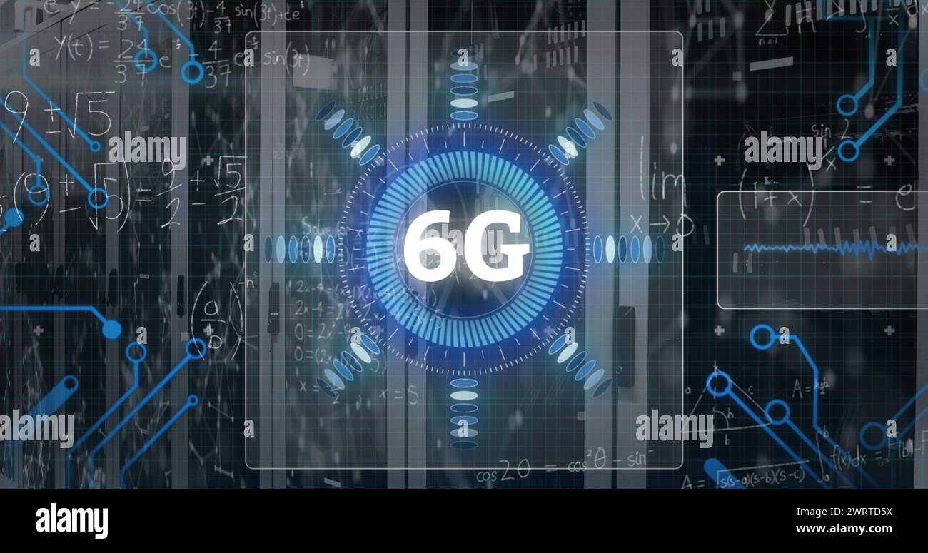 Image Of 6g Text Microprocessor Connections And Mathematical Equations Against Server Room