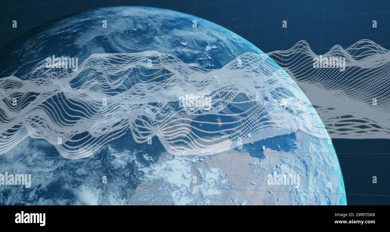 Image of white lines over globe on black background Stock Photo - Alamy