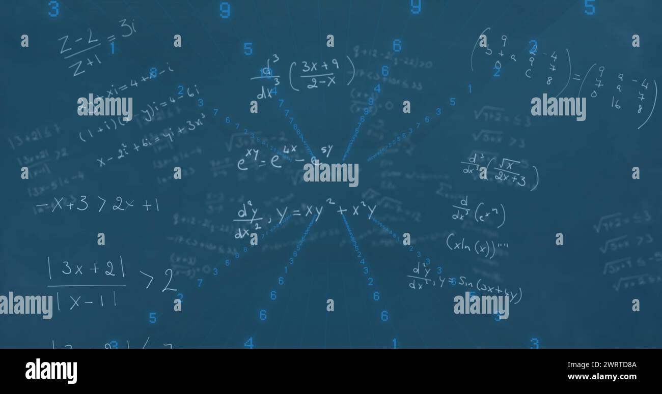 Image of numbers and math formulas on blue background Stock Photo - Alamy
