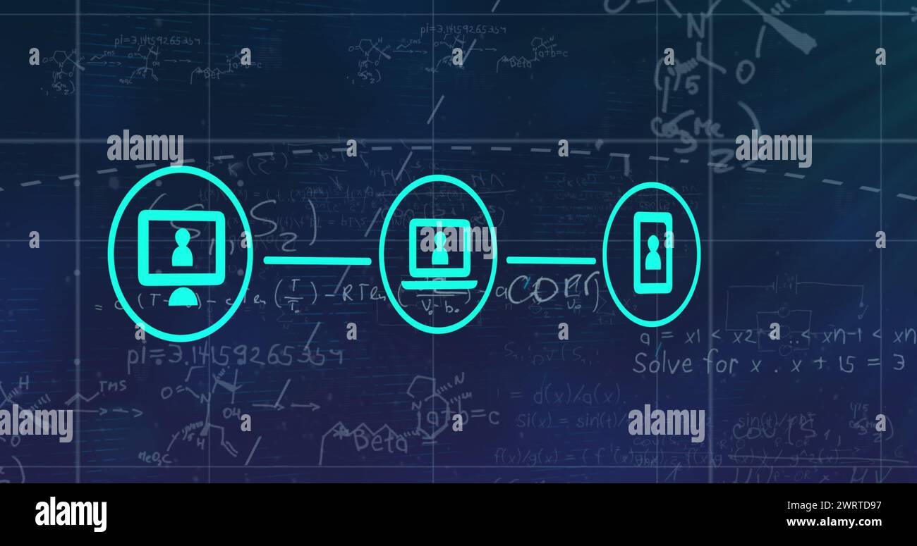 Image of connections with icons and math formulas on navy background ...
