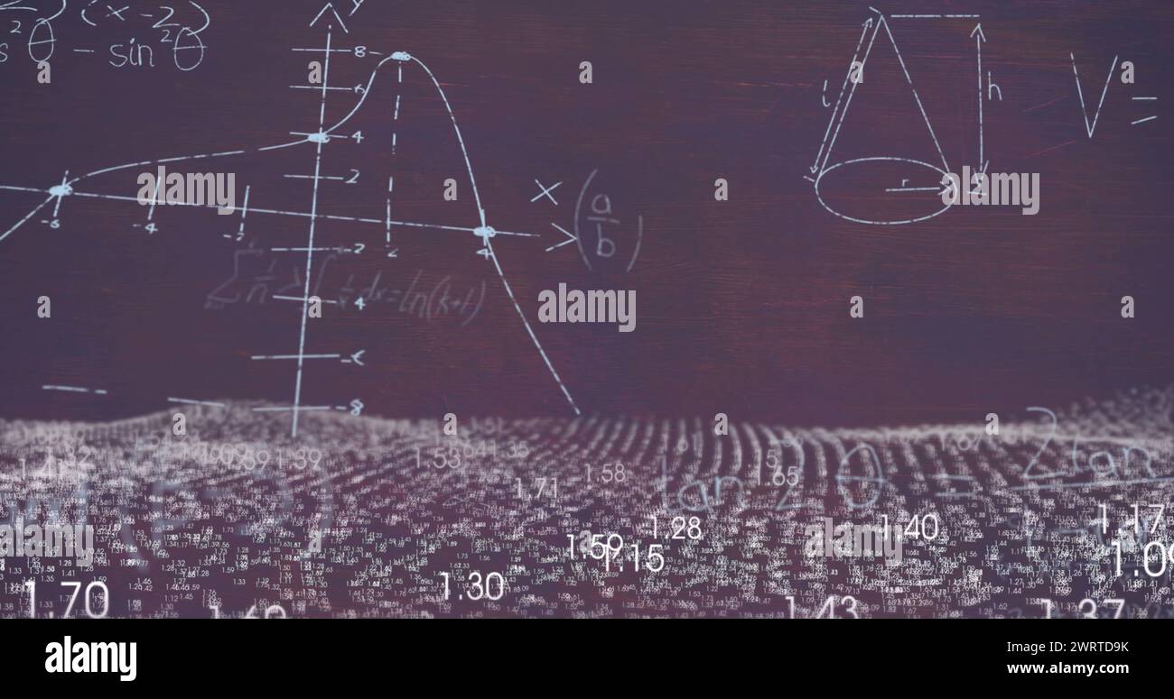 This image is a digital image of mathematical equations moving on a red ...