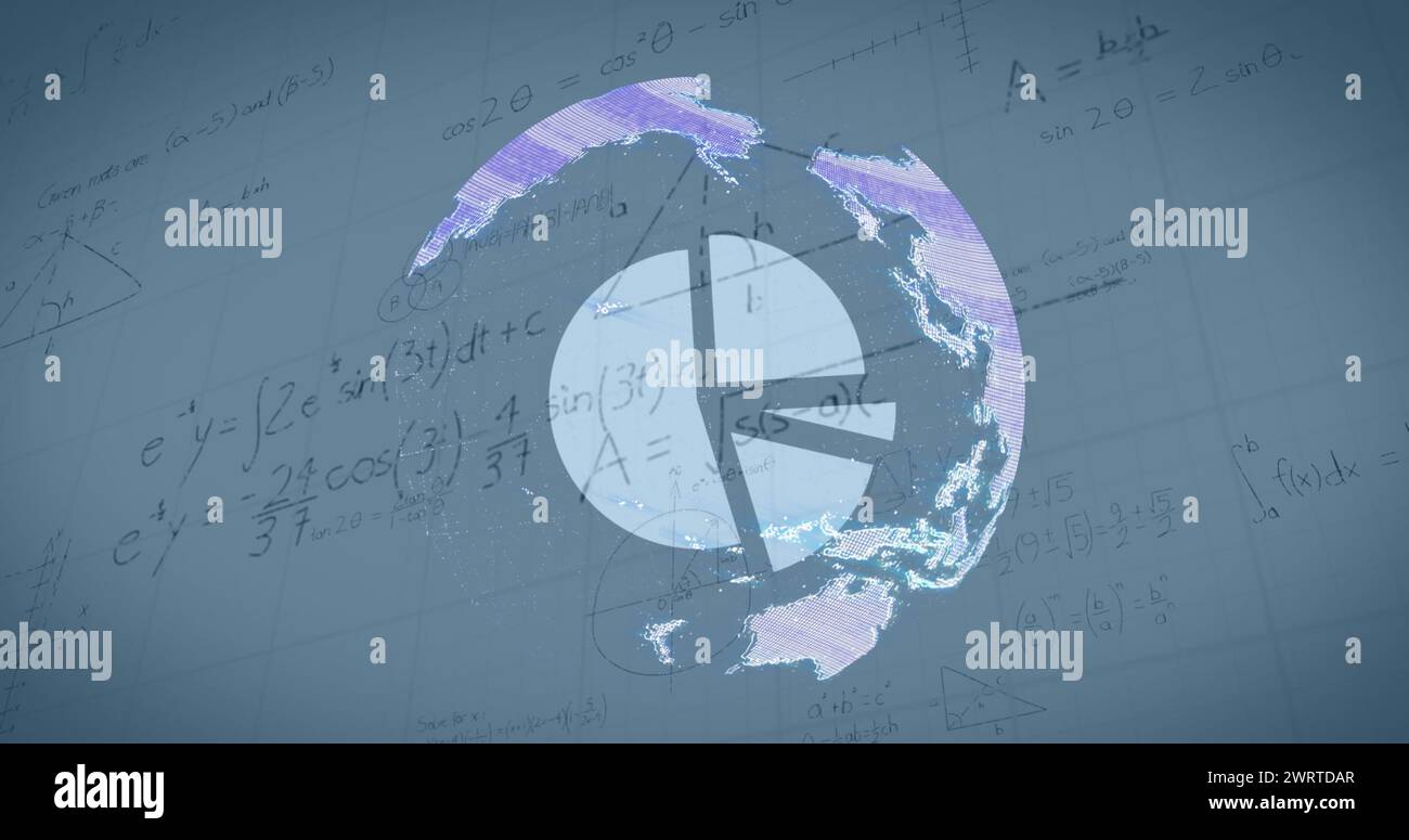 Image of globe, pie chart and math formulas on grey background Stock ...
