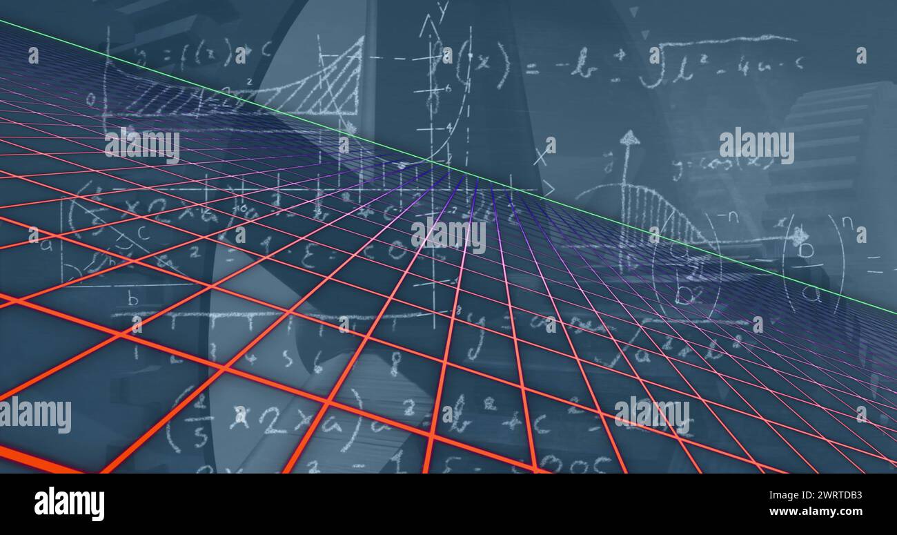 Image of digital space, turbine and math formulas on blue background ...