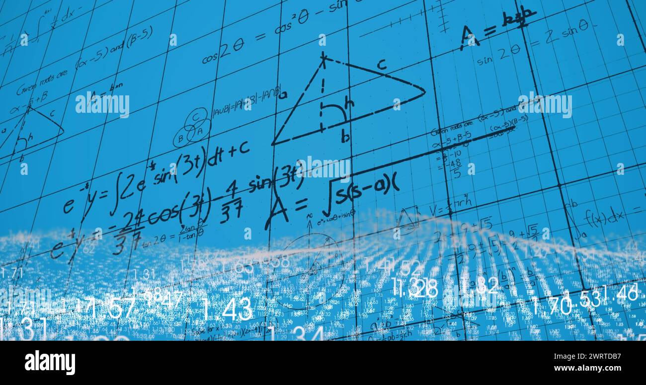 Image of glitter, math formulas and numbers on blue background Stock ...