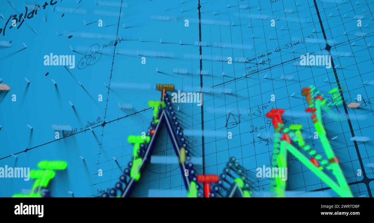 Image of graphs and math formulas on blue background. Math, geometry ...