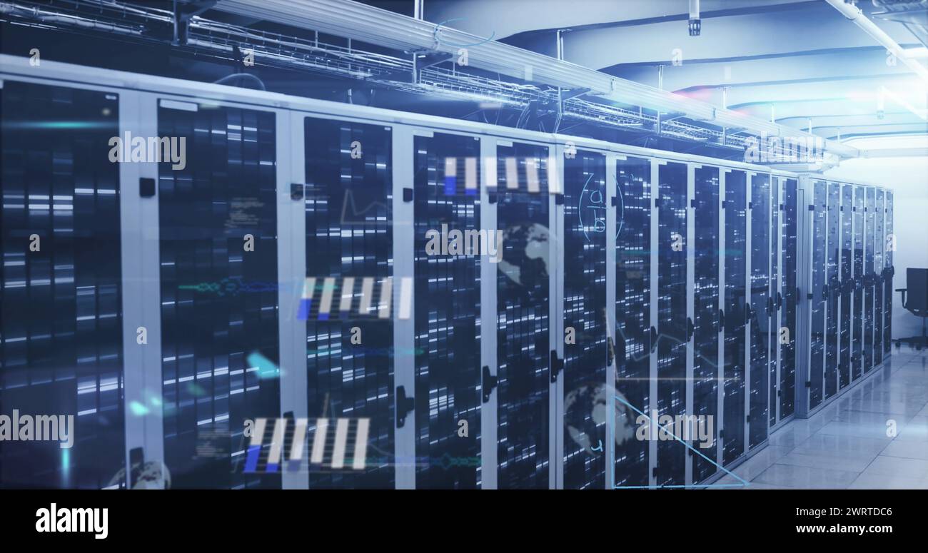 Image Of Mathematical Equations And Data Processing Against Empty Computer Server Room Stock