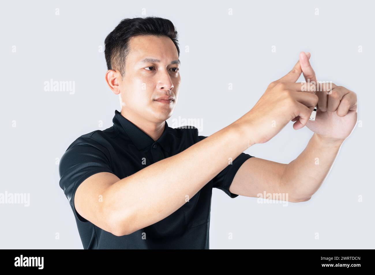 Football referee showing VAR symbol on white background Stock Photo - Alamy
