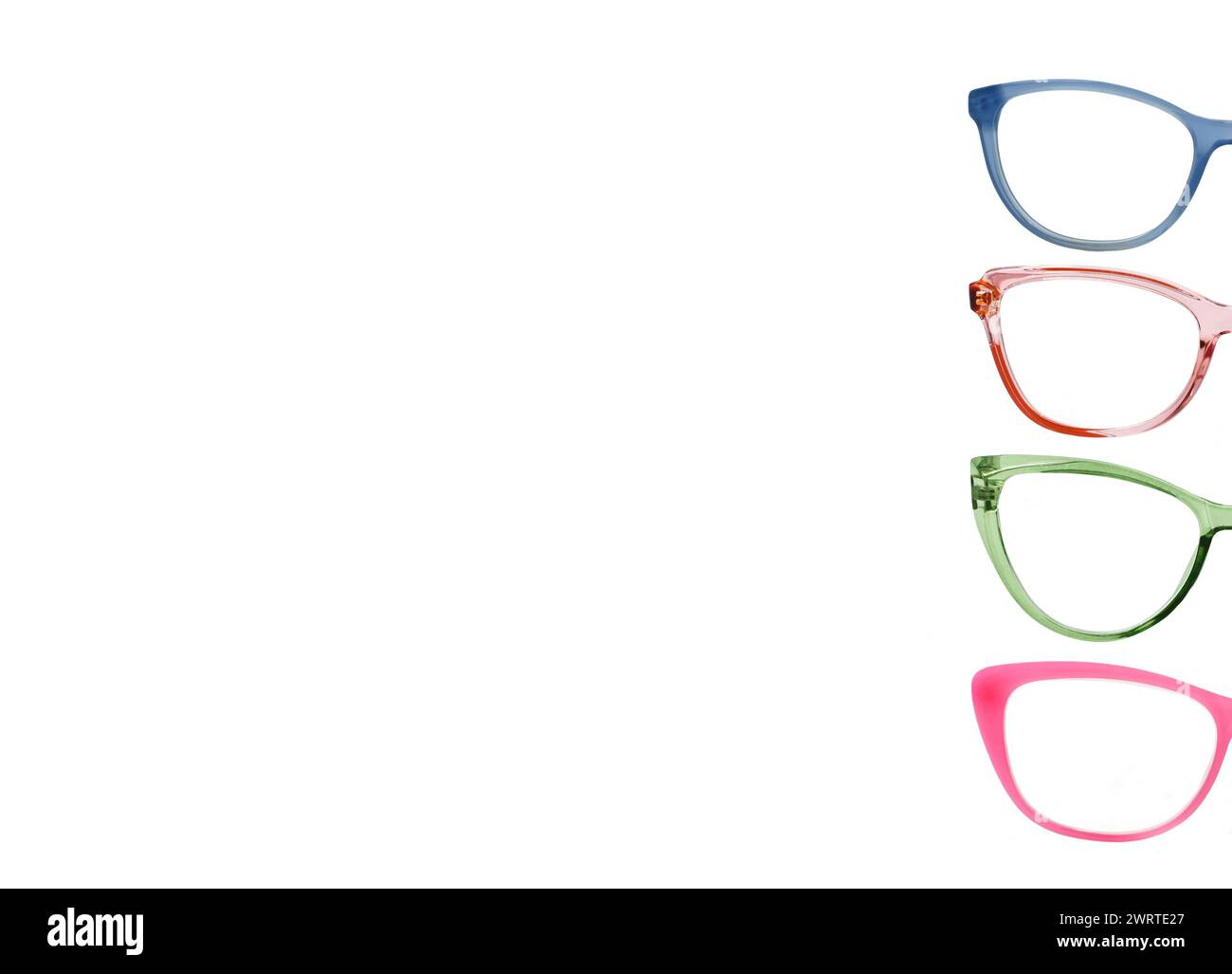 Front view of pairs of glasses in different colours and styles isolated ...