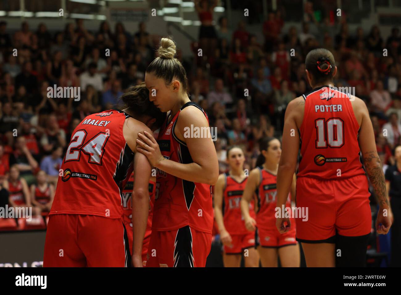 Perth, Australia. 14th Mar, 2024. Anneli Maley is consoled by Amy ...