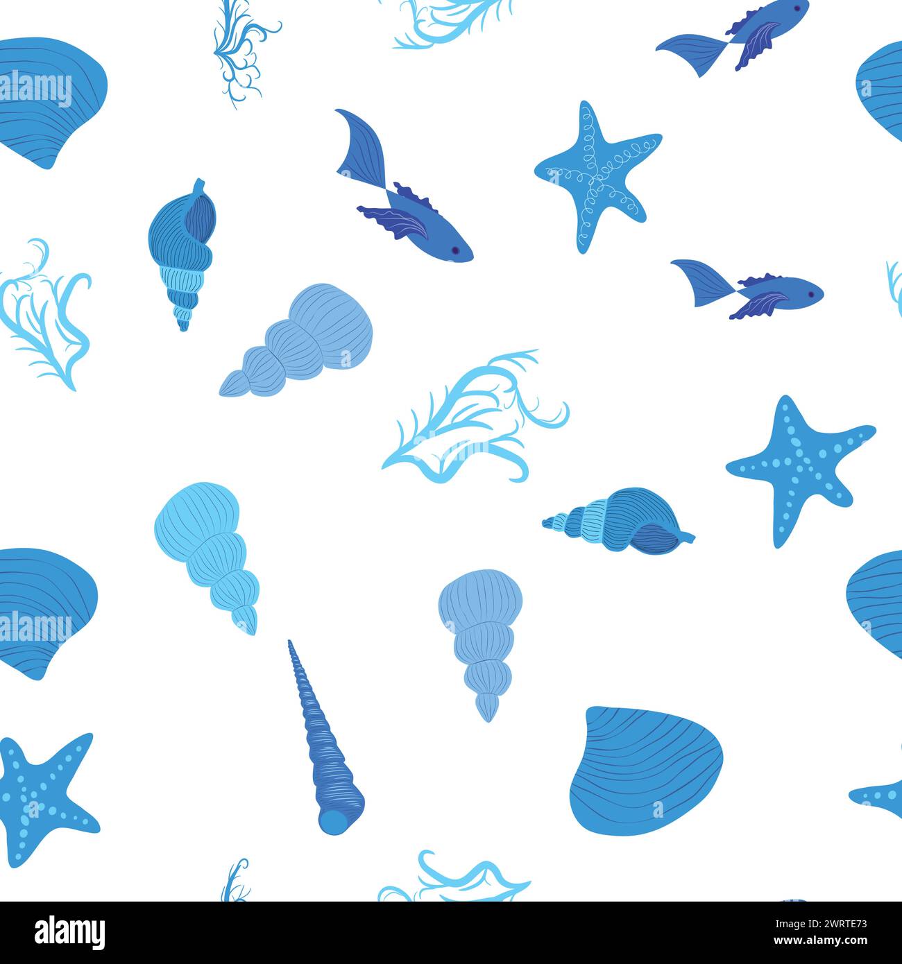 Blue Seamless pattern with starfish, corals, pearls and shells. Vector ...
