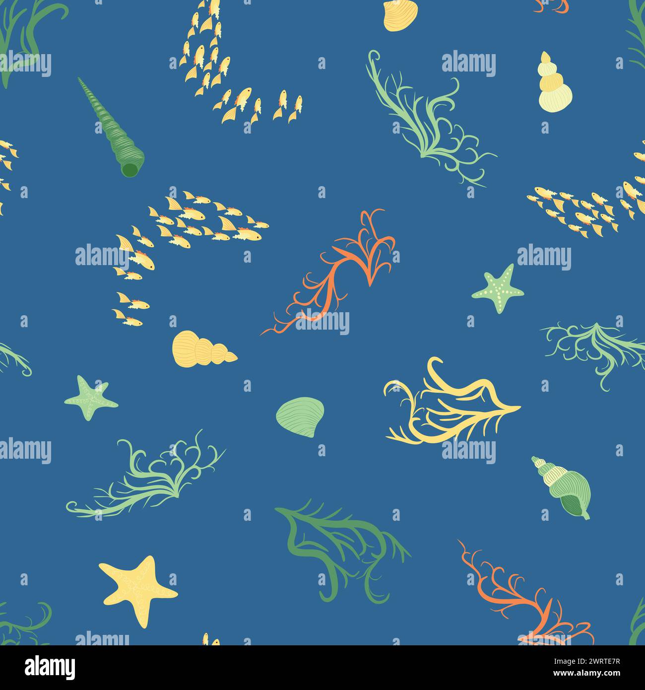 Yellow Seamless pattern with starfish, corals, pearls and shells ...
