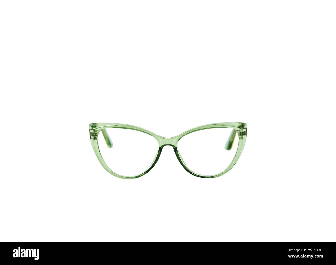 Pair of glasses with a transparent green frame isolated on a plain ...